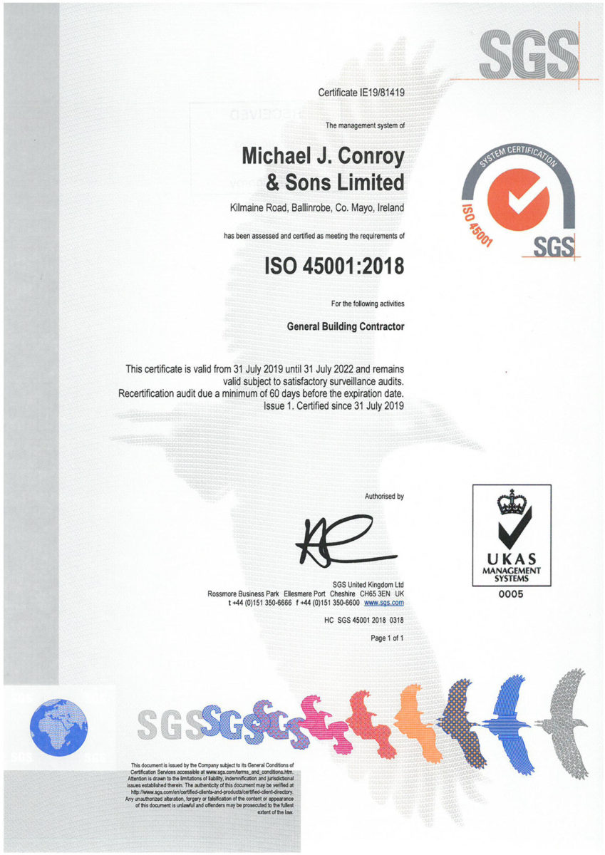 ISO 45001: 2018 Certification - MJ Conroy